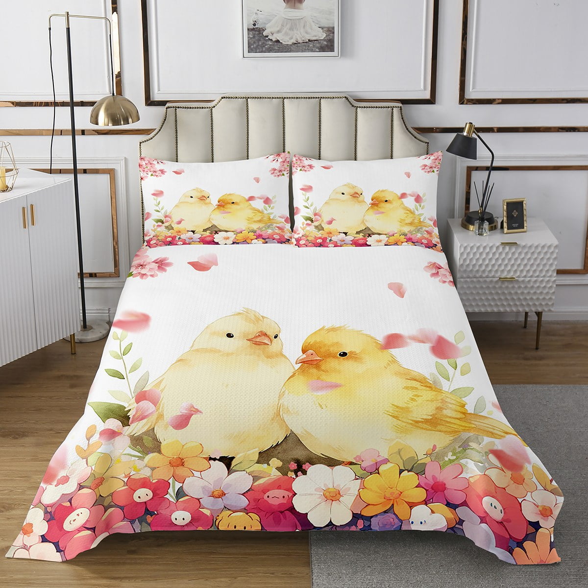 Cartoon Chicken Quilt Set Cute Chick Botanical Flowers Bedspread Set ...