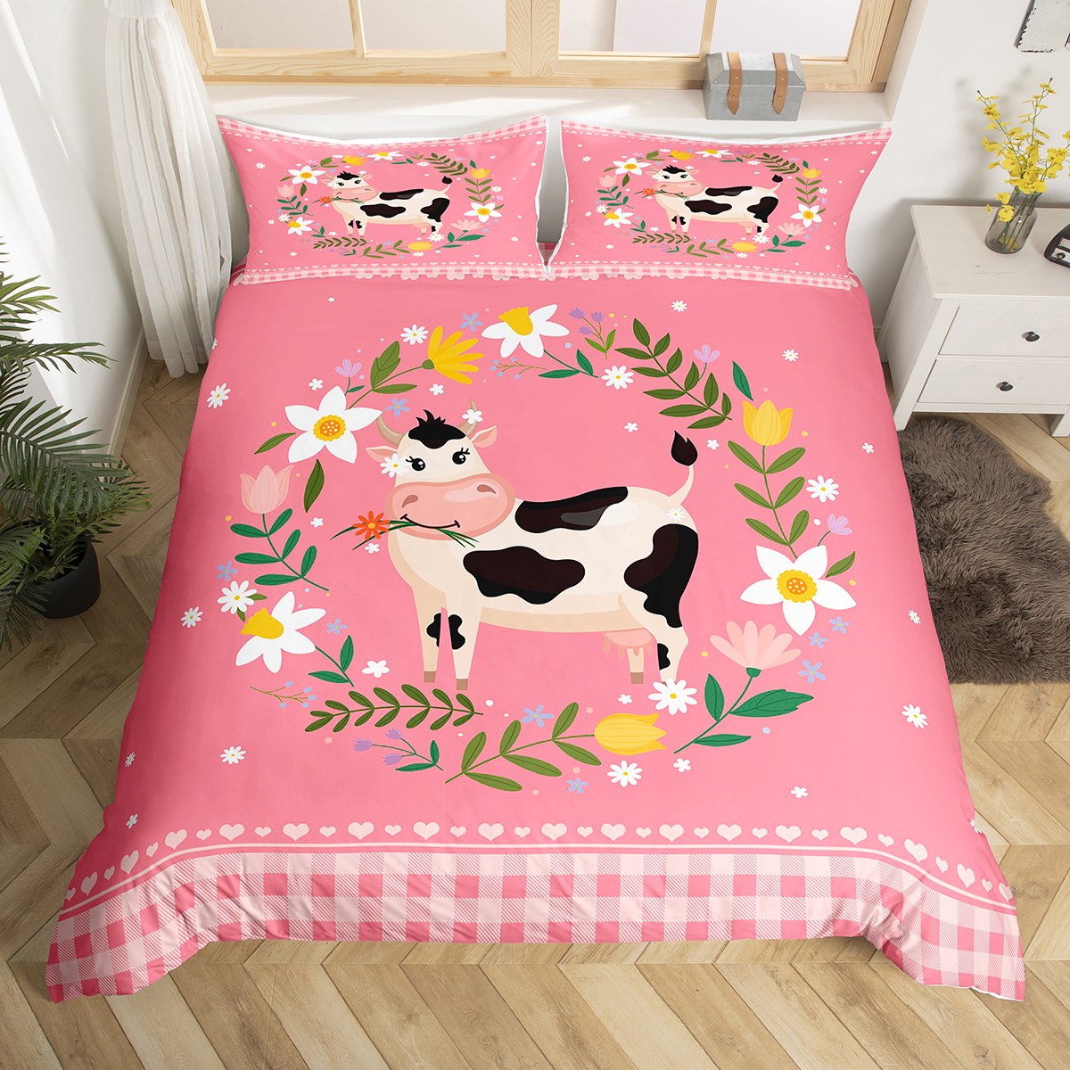 Cartoon Cow Bedding Sets Queen Farm Animal Comforter Cover, Pink Bed ...
