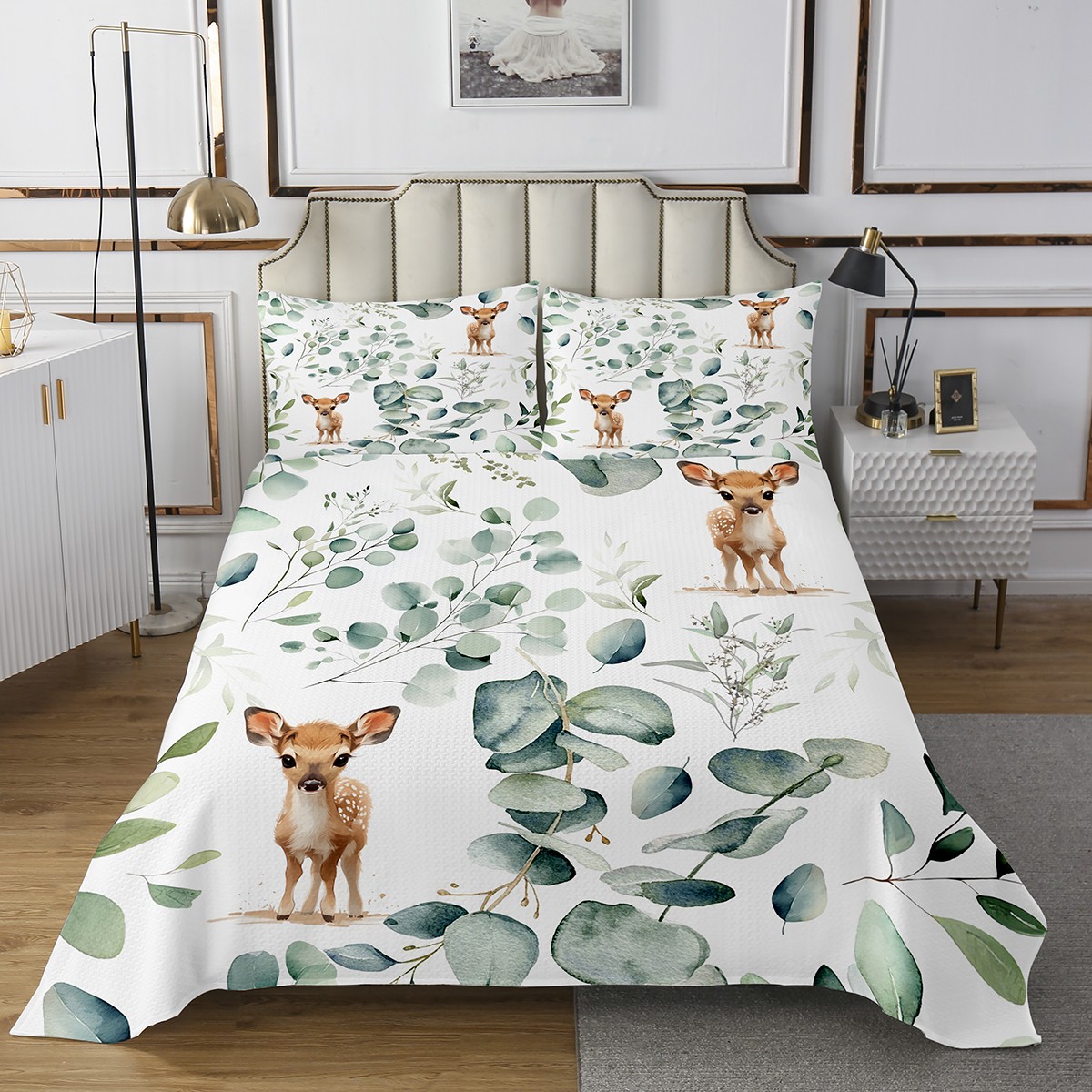 Cartoon Deer Queen Bedspread Set Woodland Wildlife Quilt Set, Spring ...