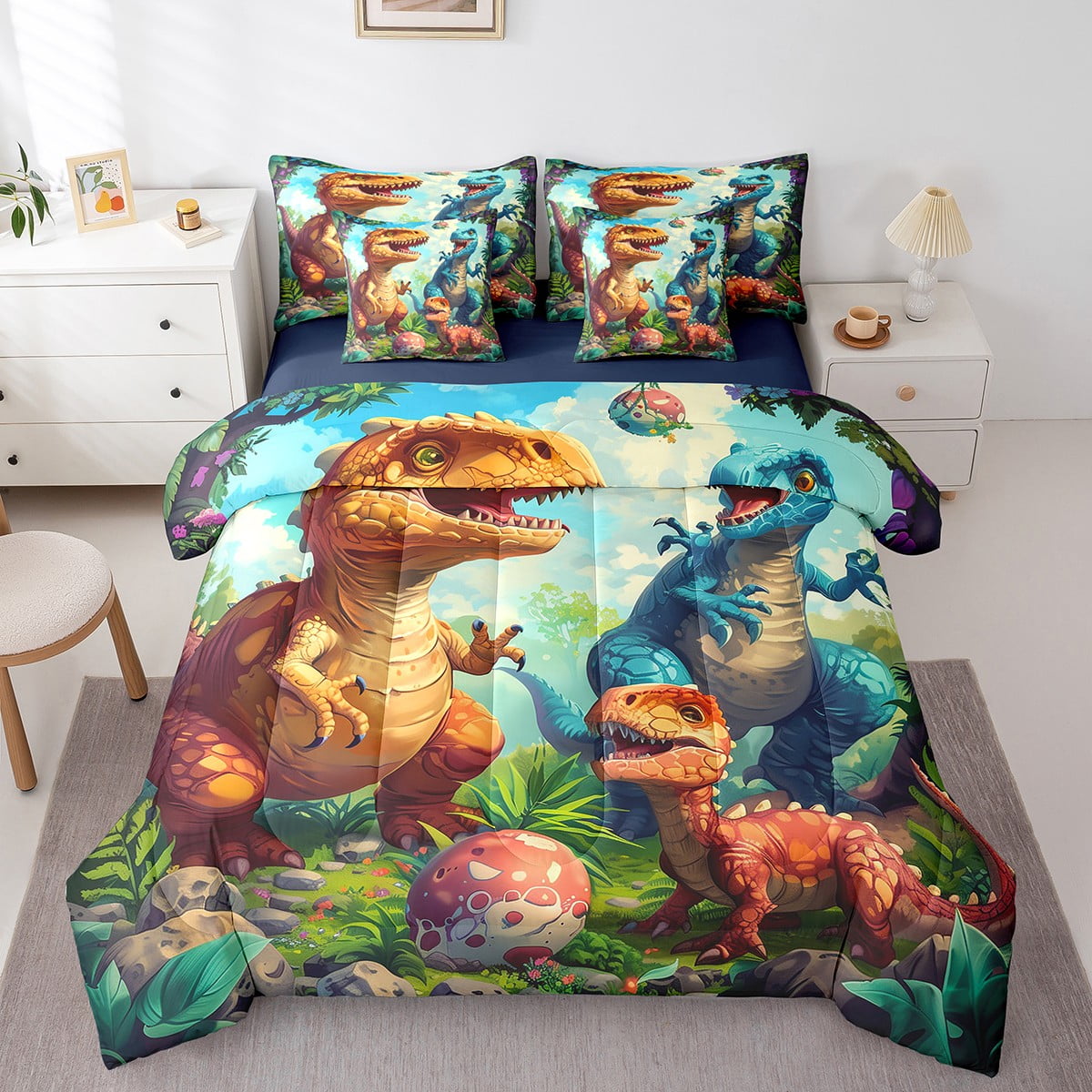 YST Cartoon Dinosaur 7 Pcs Comforter Set Twin,Jungle Orange Blue ...
