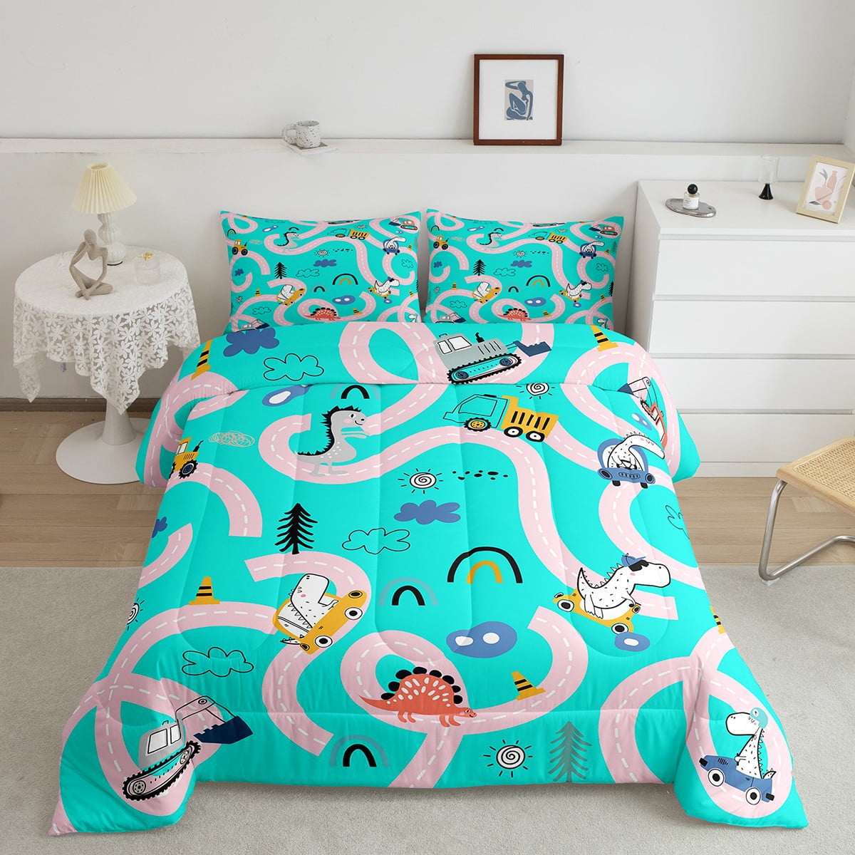 Erosebridal Cartoon Dinosaur Bedding Conctruction Tractor Truck Bedding ...
