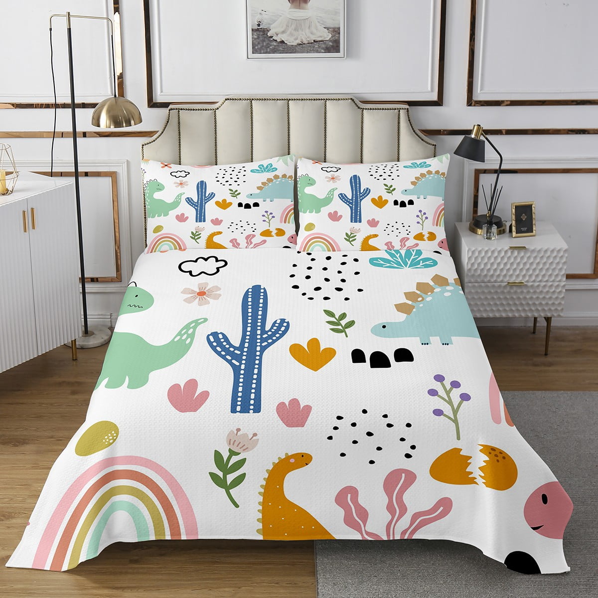 Cartoon Dinosaur Queen Size Bedspread Set with Cactus Print - Cute ...