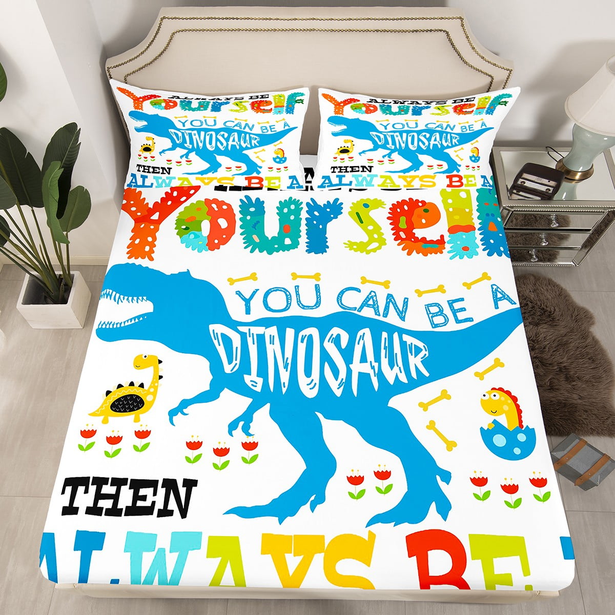 Cartoon Dinosaurs Bed Sheets Queen,Cute Dino Fitted Sheet,Animals Roar ...