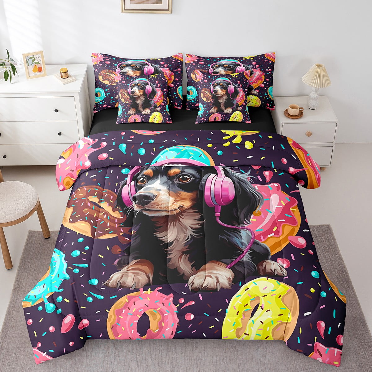 Cartoon Dog Twin Comforter Set 7-Piece Graffiti Donut Bedding Comforter ...