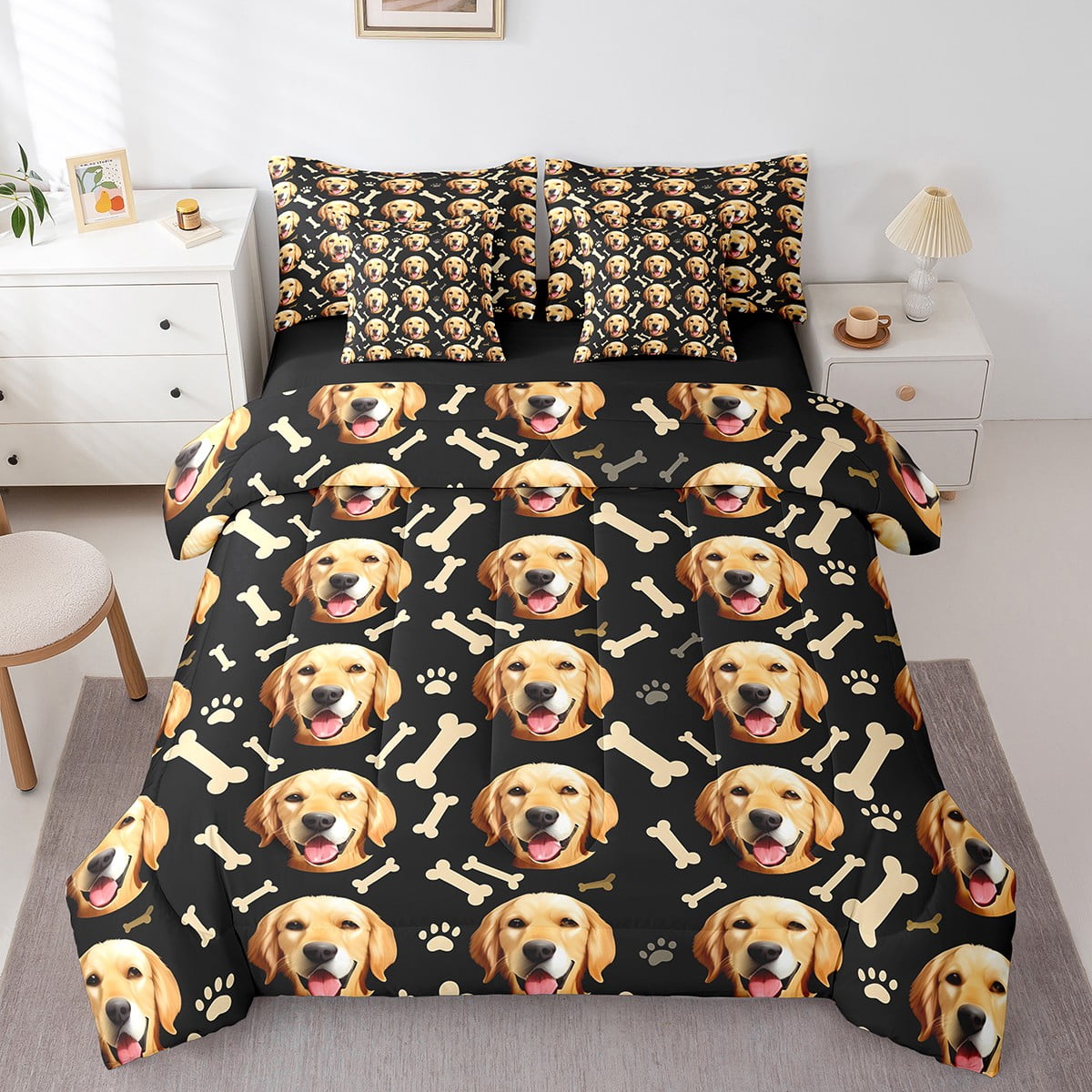 Cartoon Dogs 7 Pieces Bedding Set Puppy Paw Comforter Cute Footprint ...