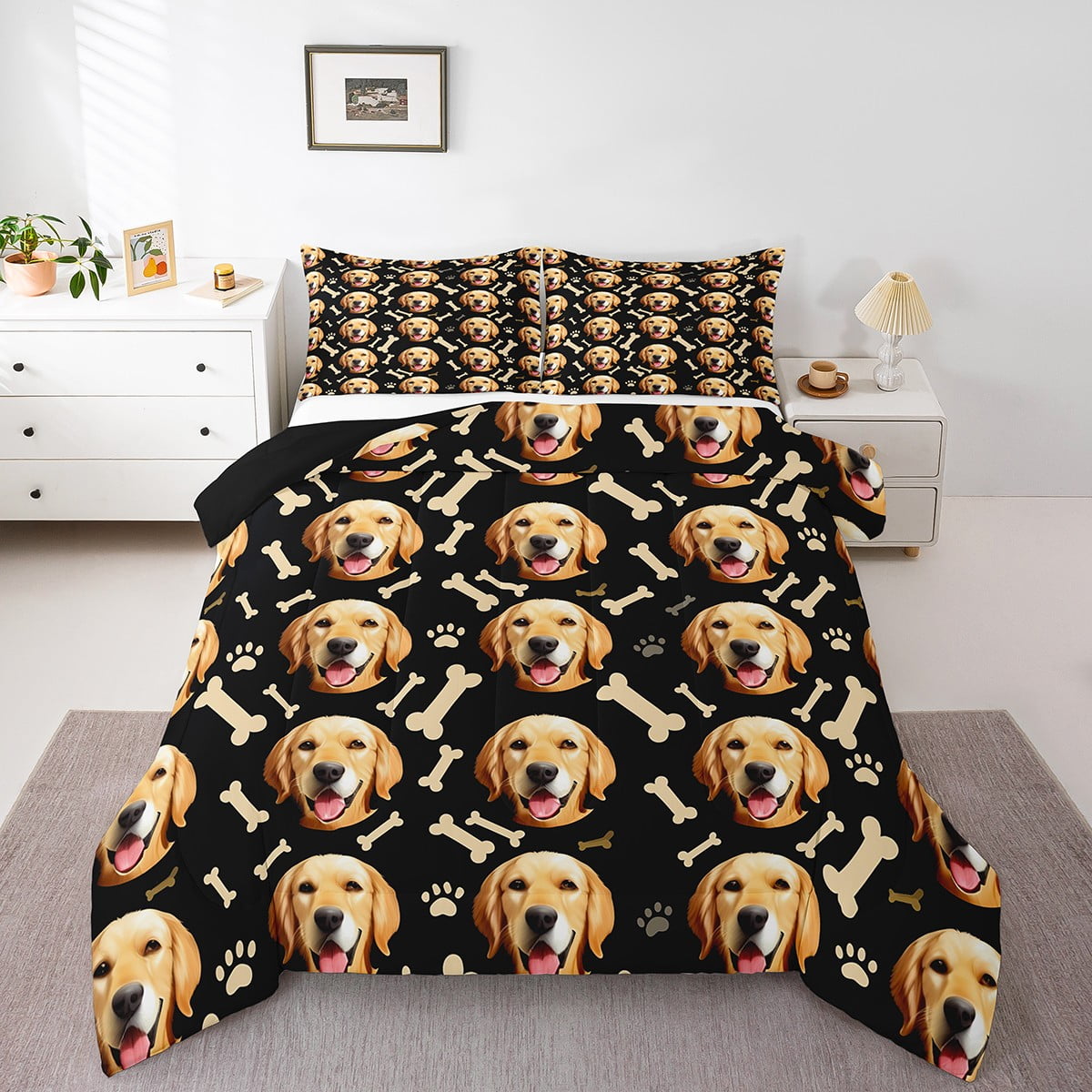Cartoon Dogs Bedding Set Puppy Paw Quilt Cute Footprint Bones Comforter ...