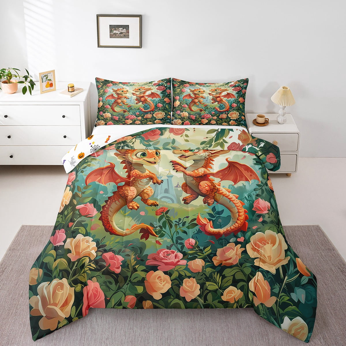 Cartoon Dragon Queen Comforter Set,Colorful Flower Dragon Bedding Set ...
