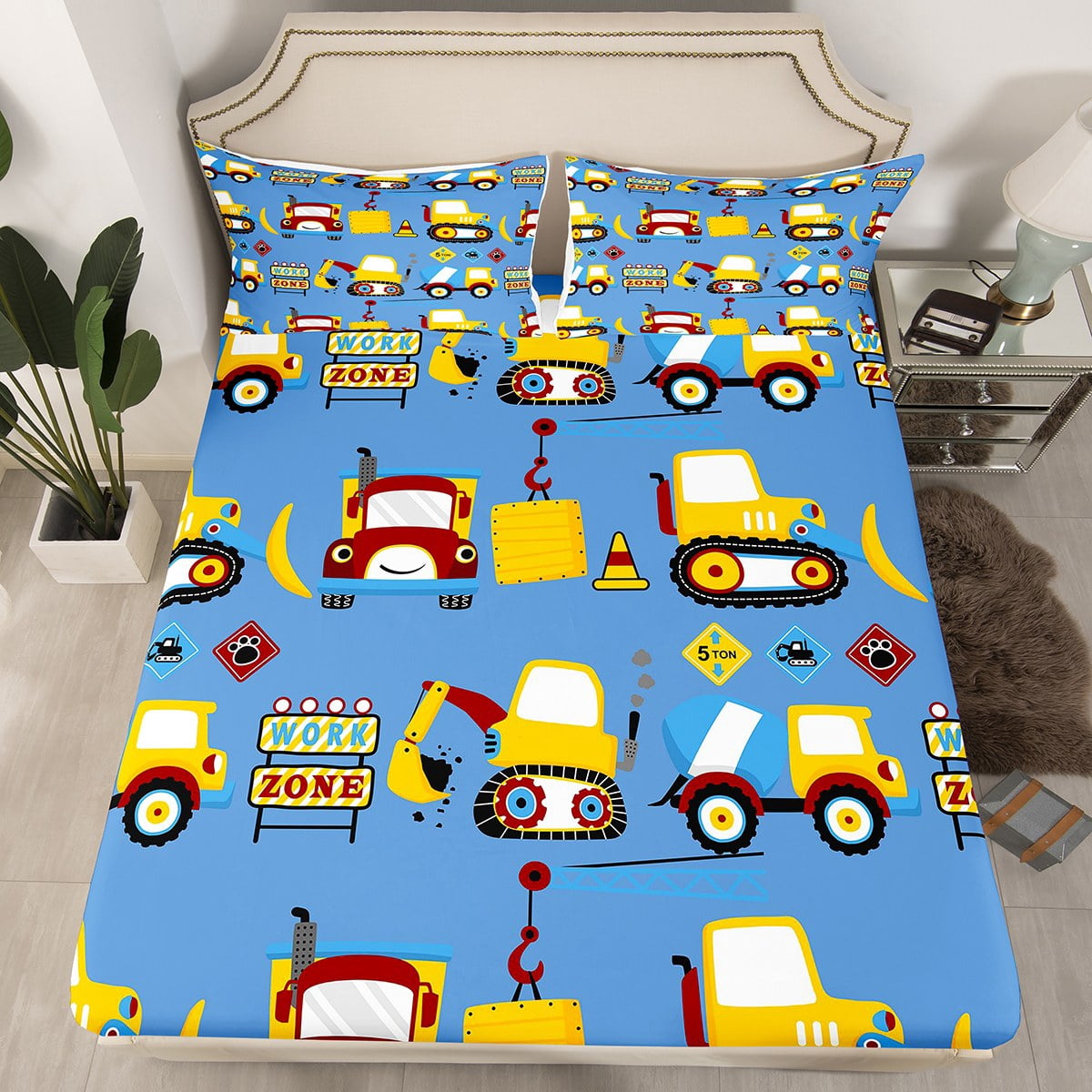 Cartoon Excavator Fitted Sheet, Construction Vehicle Bed Sheets ...