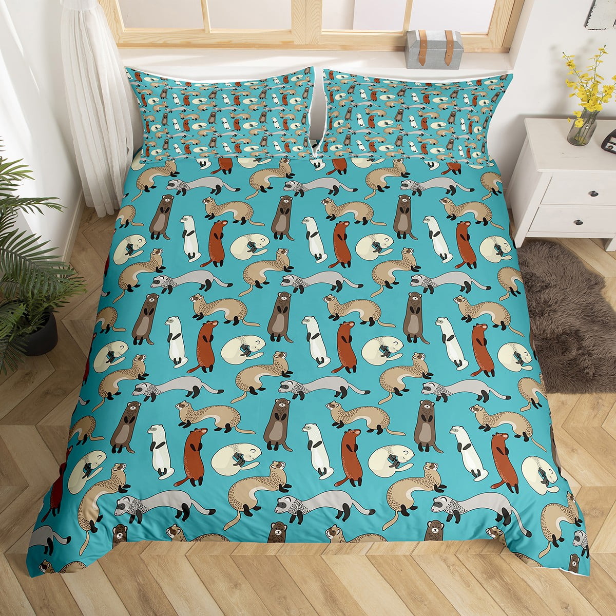 Erosebridal Cartoon Ferret Bed Set Funny Wildlife Duvet Cover, Kawaii ...