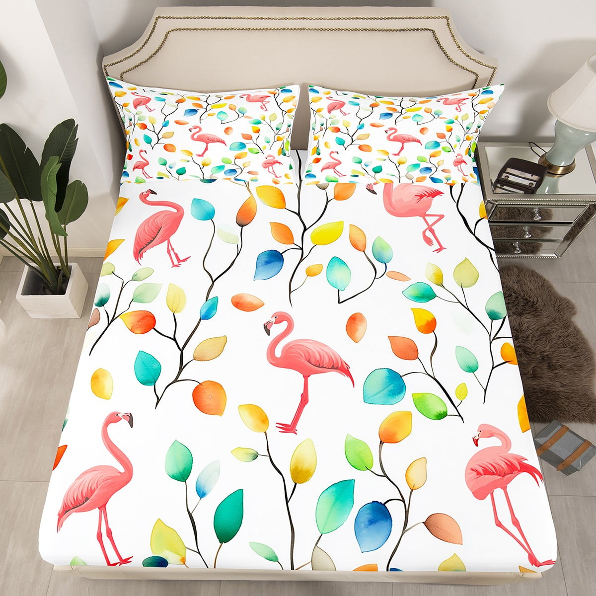 Cartoon Flamingo Bed Sheets Watercolor Floral Fitted Sheet Twin Size ...
