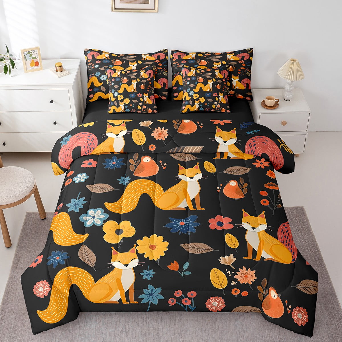 Cartoon Fox 7Pcs Bedding Set Queen Size, Bird Flowers Bed In A Bag ...