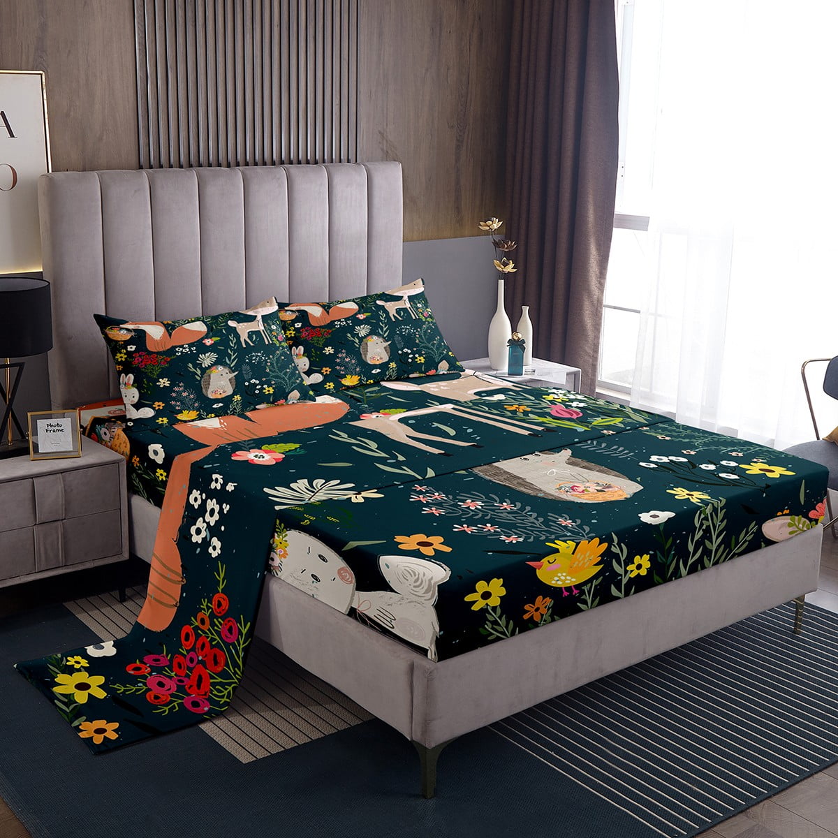 YST Cartoon Fox Deer Hedgehog Bed Set,Wild Animal Jungle Plants Rustic ...