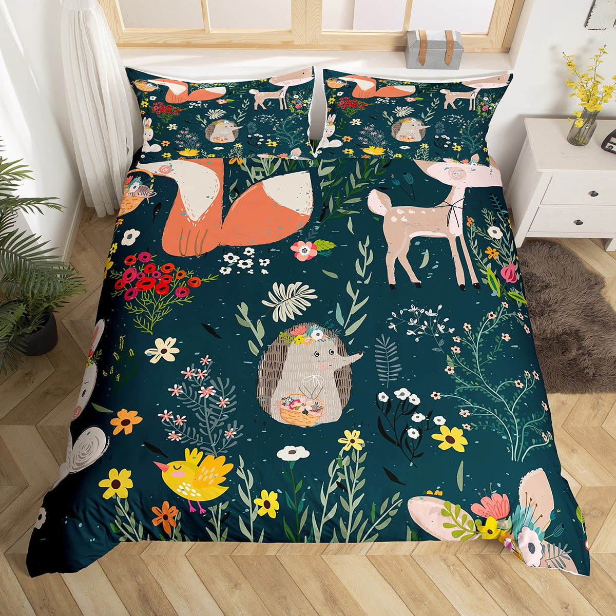 YST Cartoon Fox Deer Hedgehog Bedding Set,Wild Animal Jungle Plants ...