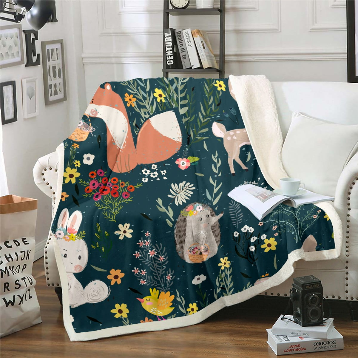 Cartoon Fox Deer Hedgehog Fleece Blanket,Wild Animal Jungle Plants ...