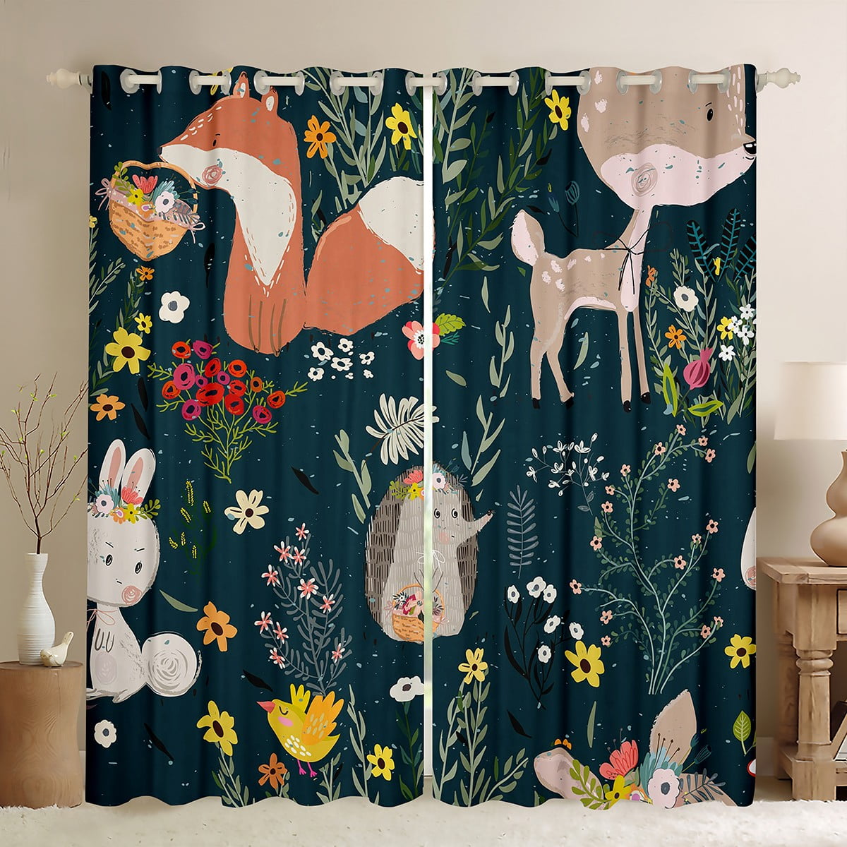 Erosebridal Cartoon Fox Deer Hedgehog Window Curtains,Wild Animal ...