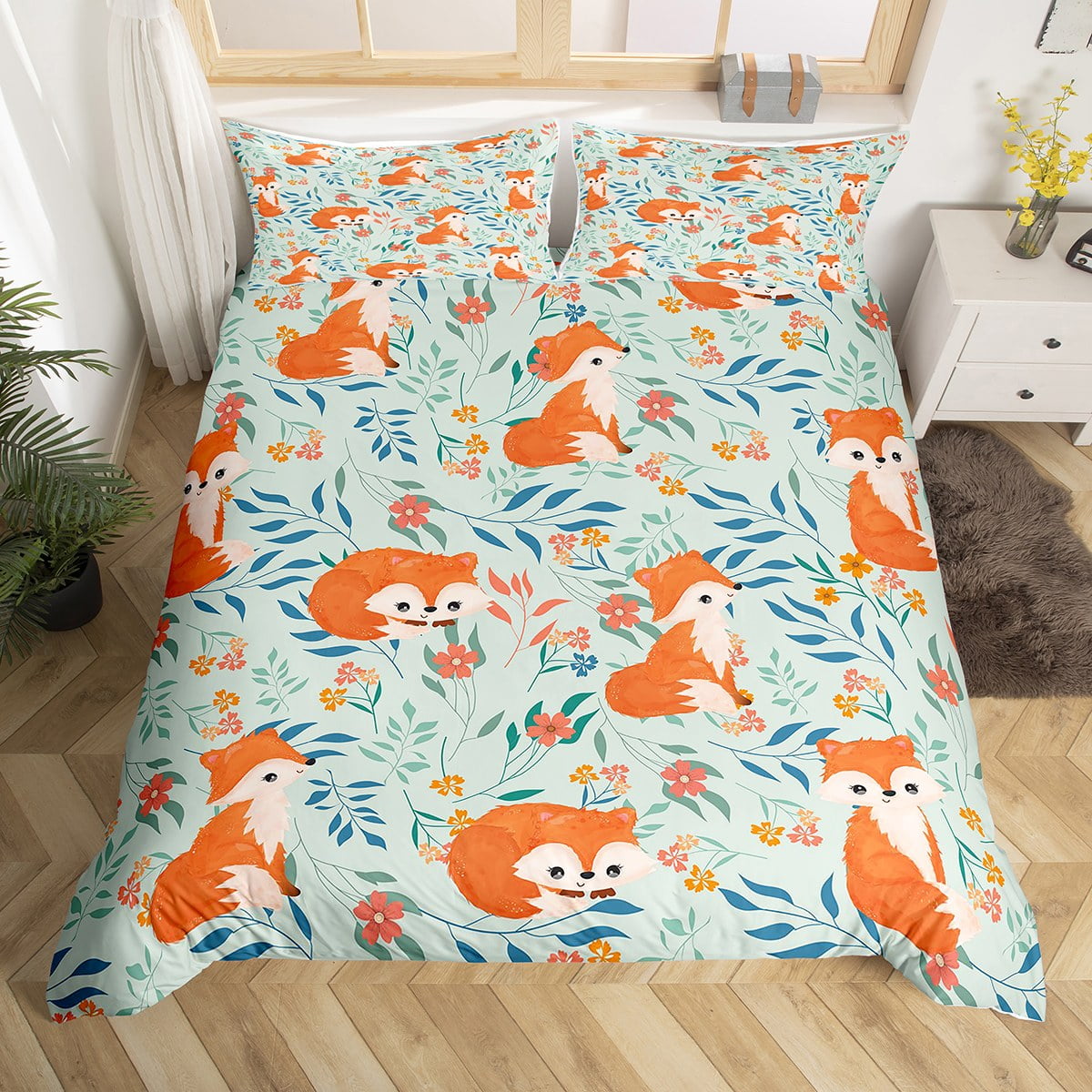 YST Cartoon Fox Duvet Cover for Kids Boys Girls,Lovely Fox Bedding Set ...