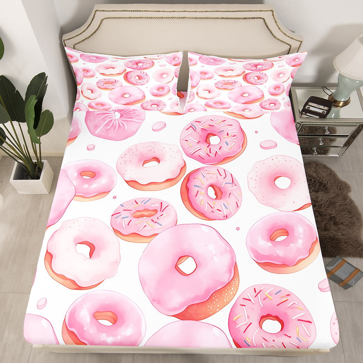 YST Cartoon Full Fitted Sheet Dessert Cake Full Sheets,White And Pink ...