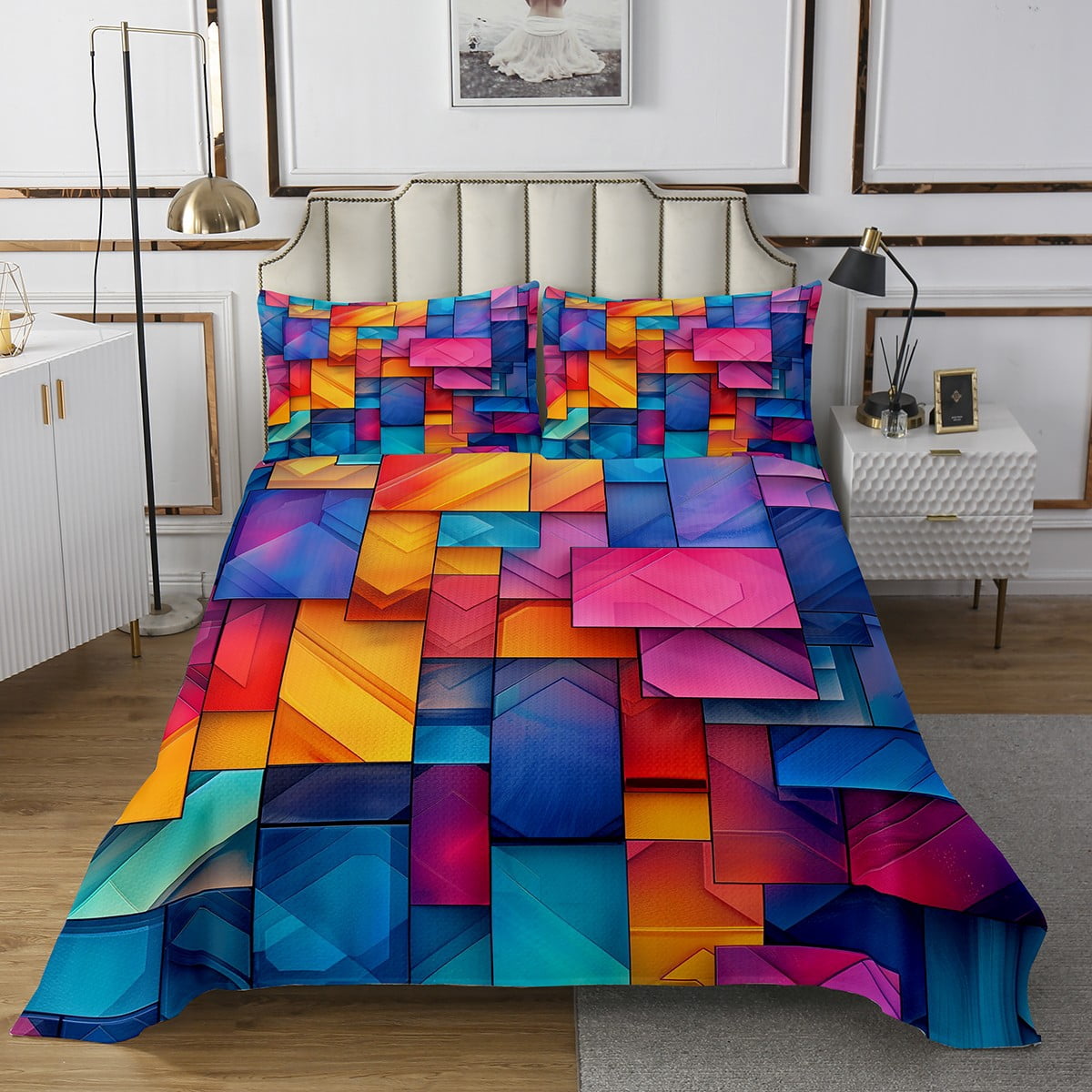 YST Cartoon Geometry Bedspread Set Colorful Irregular Pattern Quilt Set ...