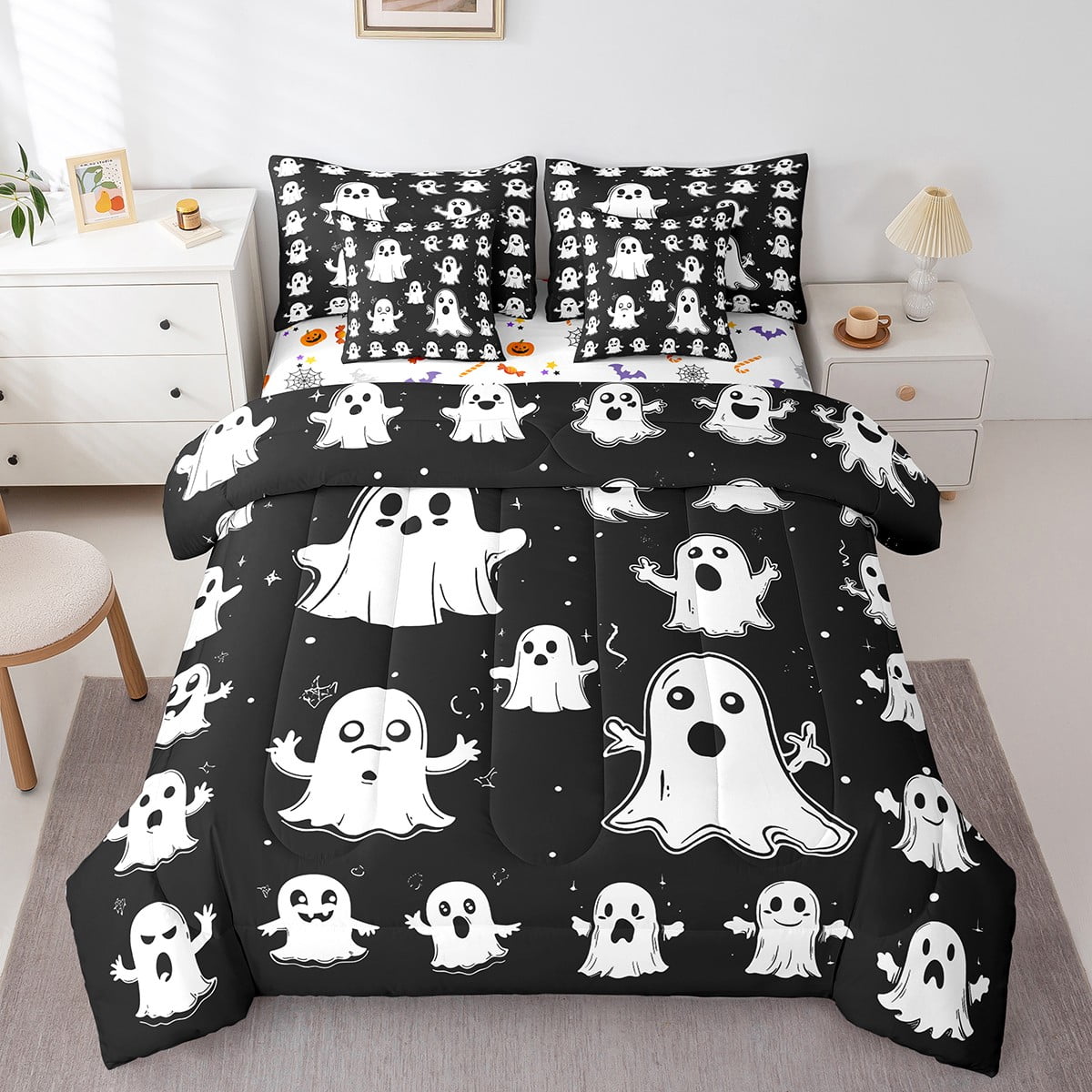 Cartoon Ghost Comforter Set 7 Piece Full Black White Halloween Bed In A ...