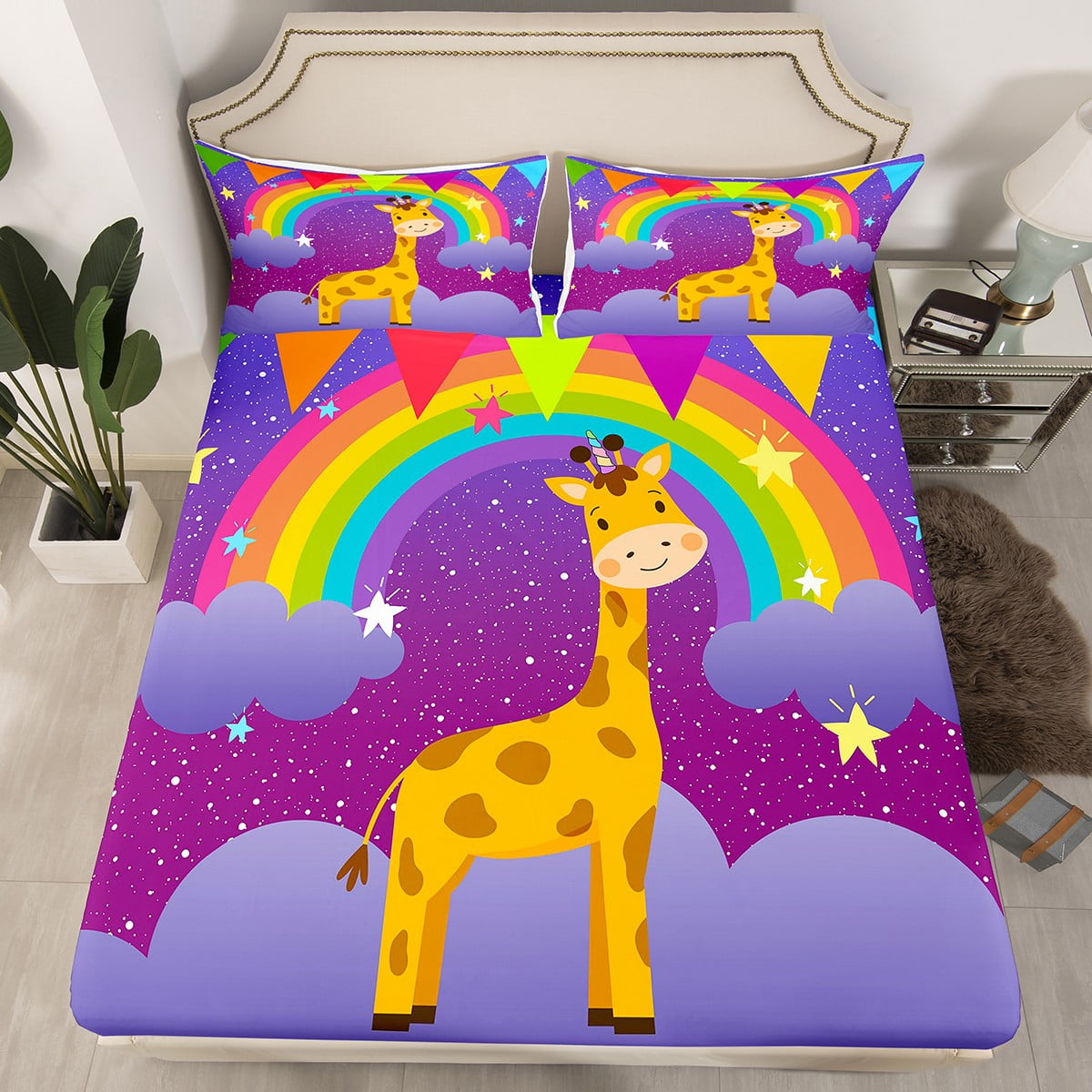 YST Cartoon Giraffe Printed Bedding Set with 2 Pillowcases Kids Cartoon ...