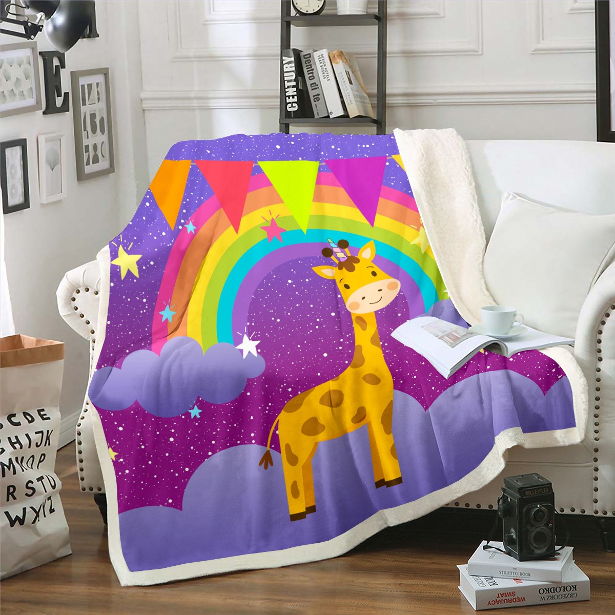 Cartoon Giraffe Printed Plush Blanket Cartoon Kawaii Galaxy Stars ...