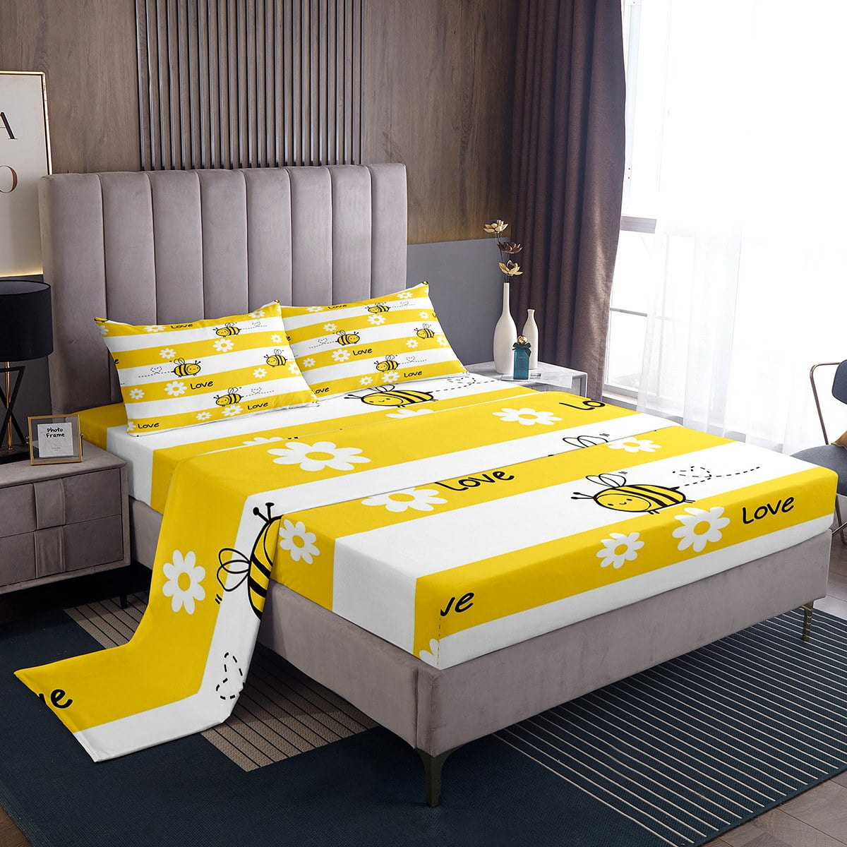 YST Cartoon Honey Bee Bed Set Yellow White Stripe Bed Sheets Set, Chic ...