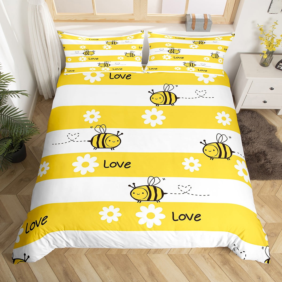 Cartoon Honey Bee Bed Set Yellow White Stripe Duvet Cover, Chic Daisy ...