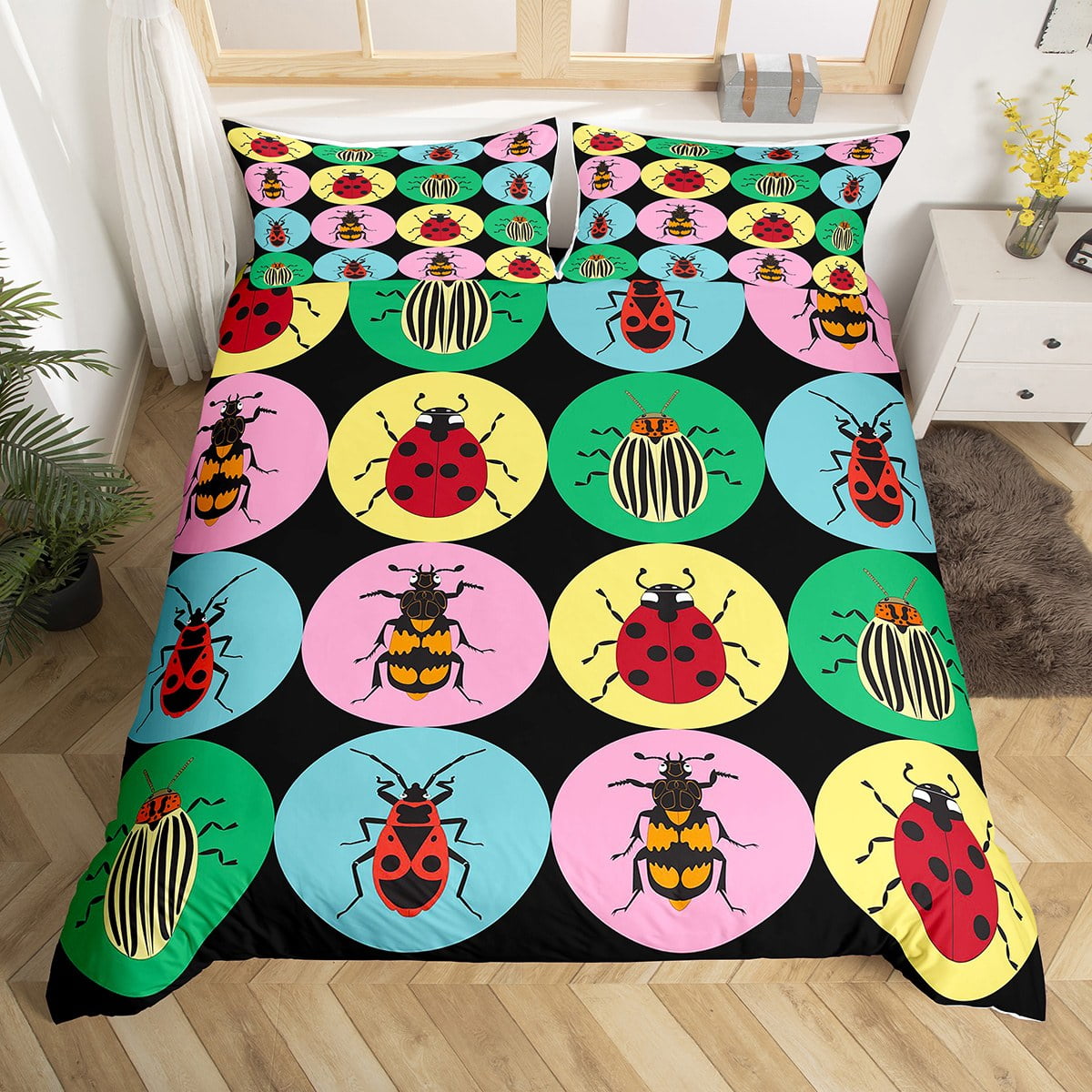 Erosebridal Cartoon Insect Bedding Set Queen,Red Ladybug Comforter Cover Geometric Circle Animal ...