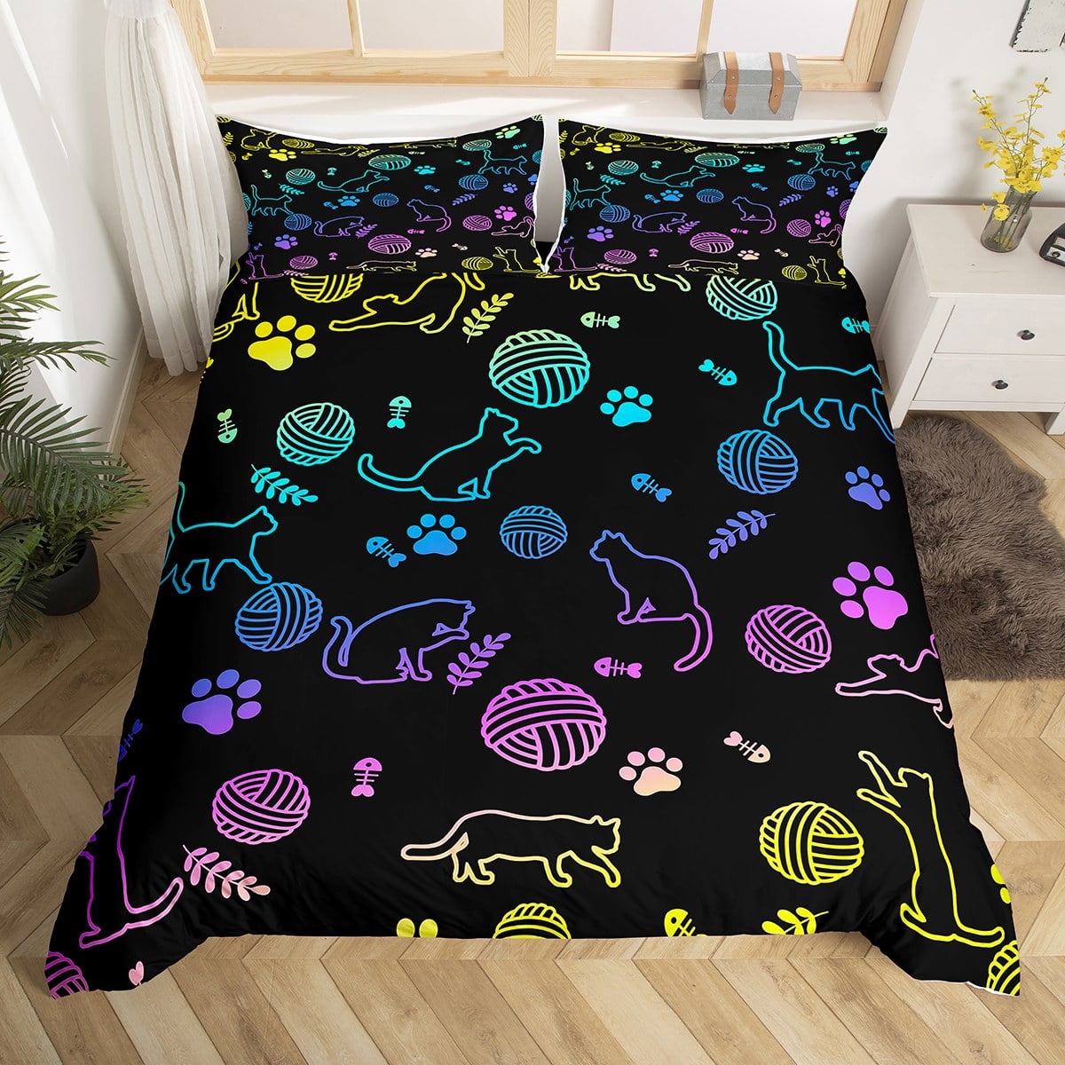 YST Cartoon Kitten Comforter Cover Kawaii Animal Bed Set, Gradient Cat ...