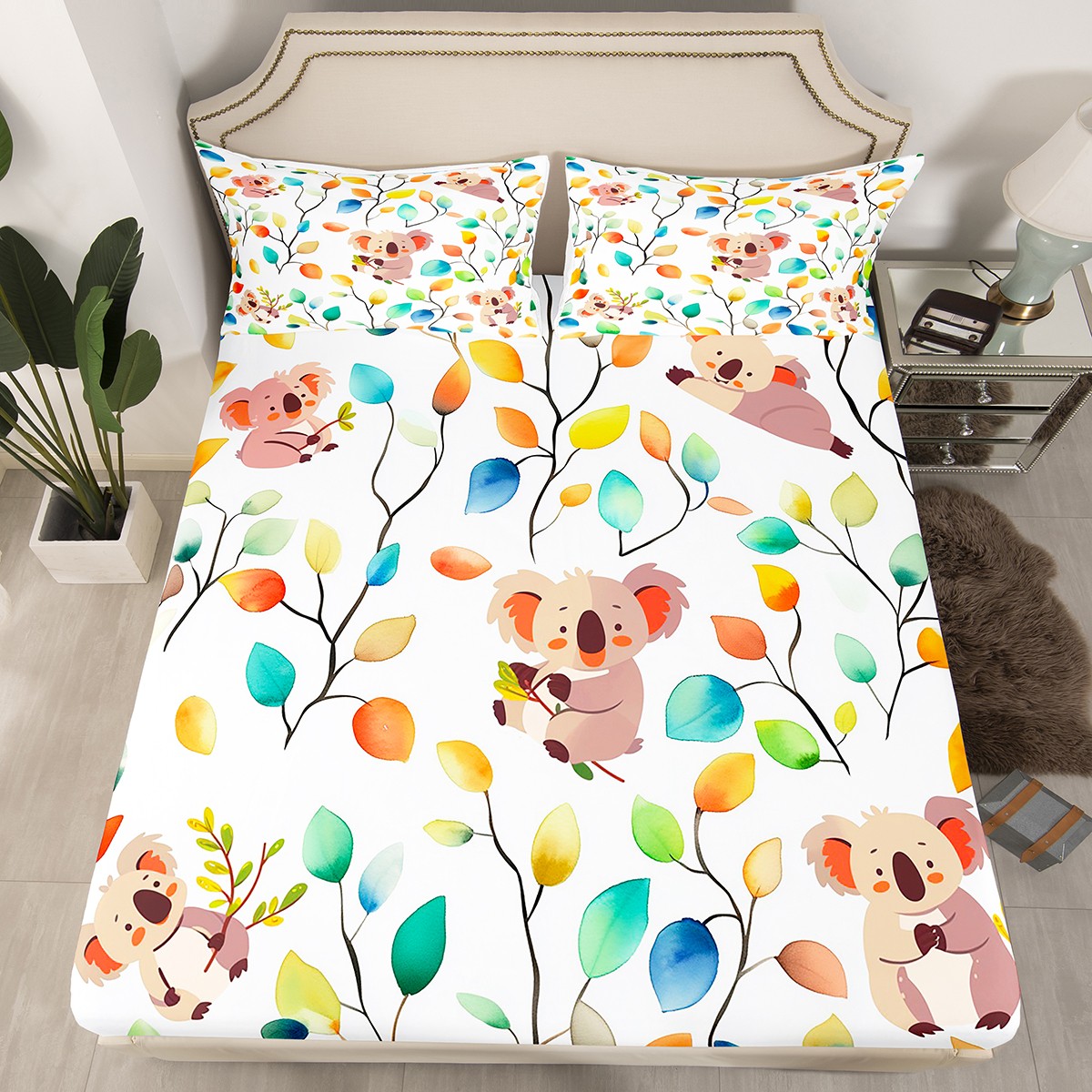 Cartoon Koala Bedding Full Size Watercolor Floral Bed Sheets,Botanical ...