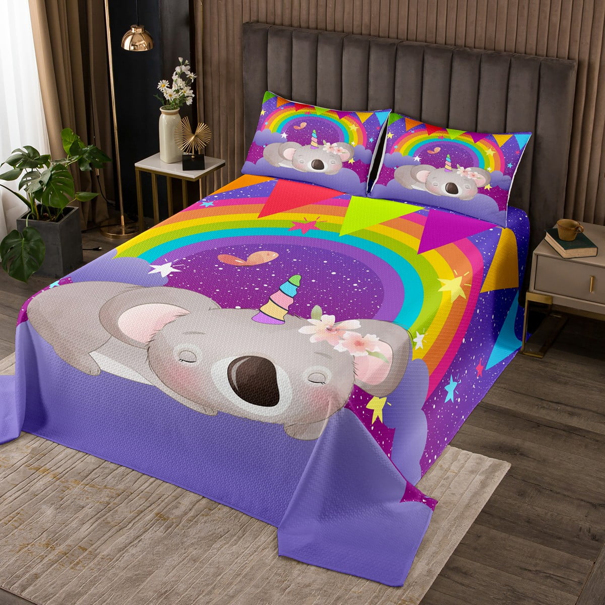 Erosebridal Cartoon Koala Coverlet Set Twin Cute Rainbow Galaxy Glitter ...