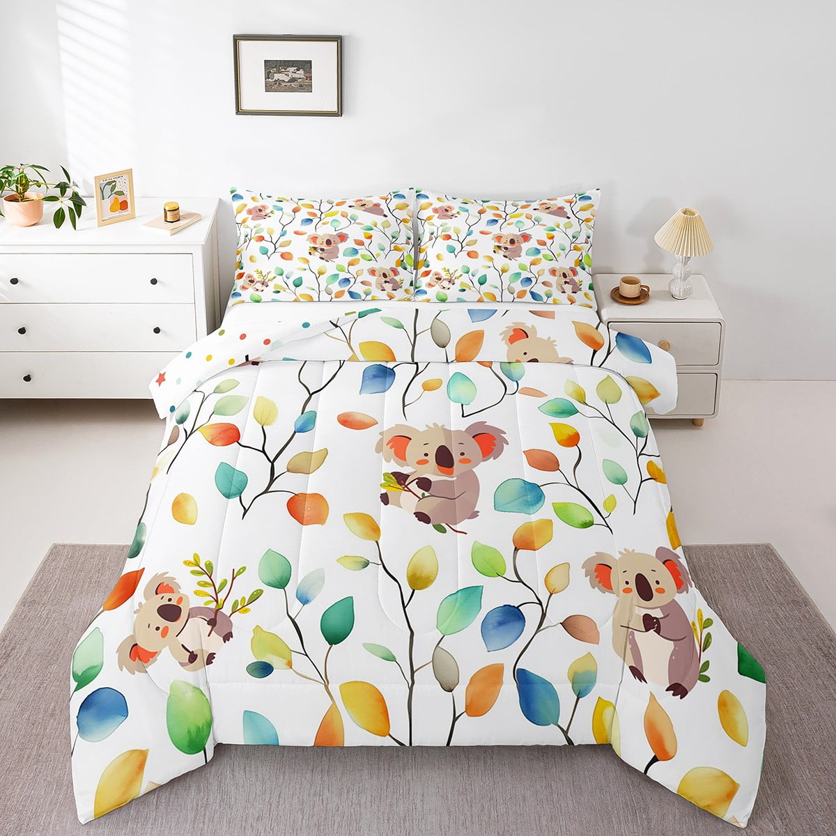 Cartoon Koala Twin Comforter Set Watercolor Floral Bedding Set ...