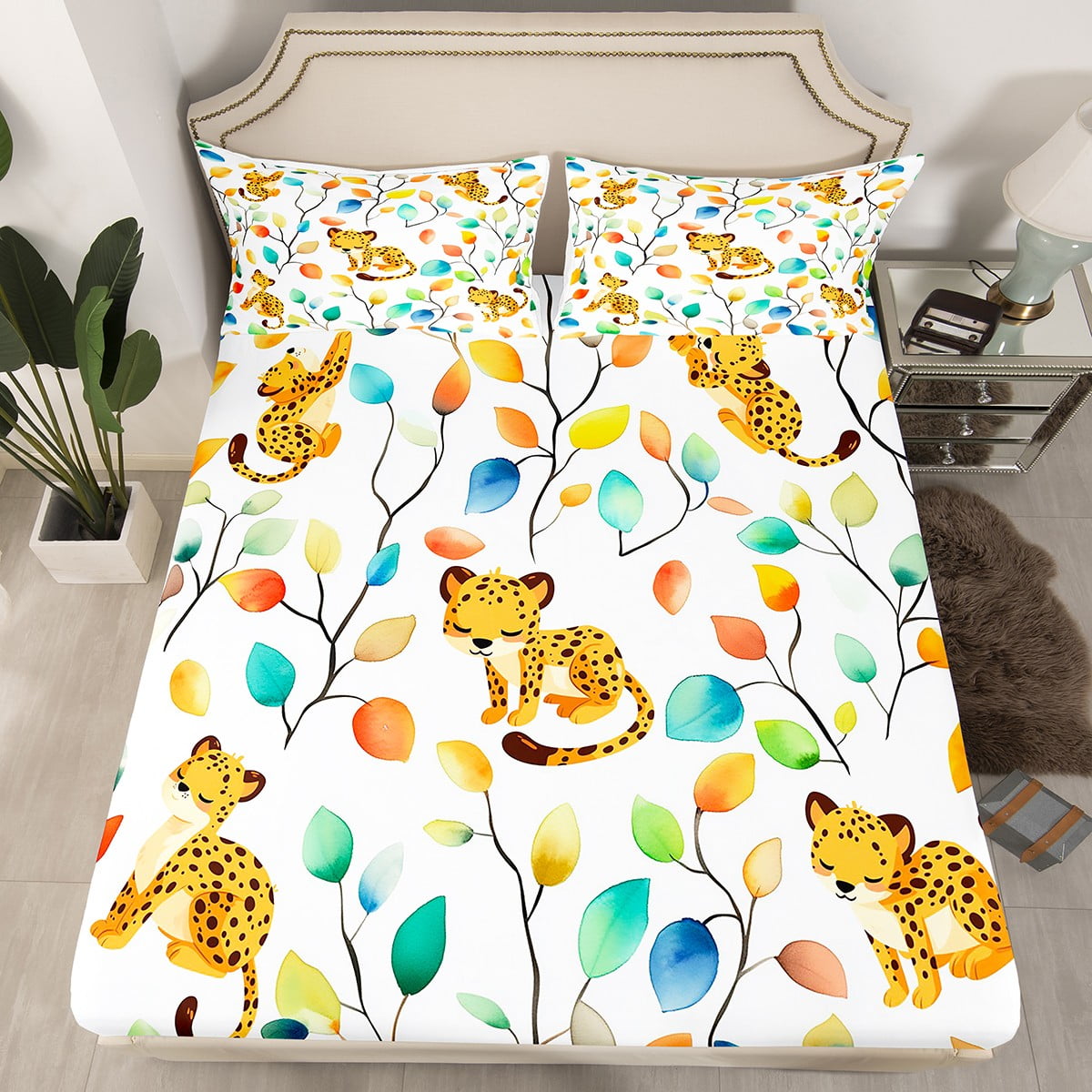 YST Cartoon Leopard Bedding Twin Size for Boys Girls Watercolor Floral ...