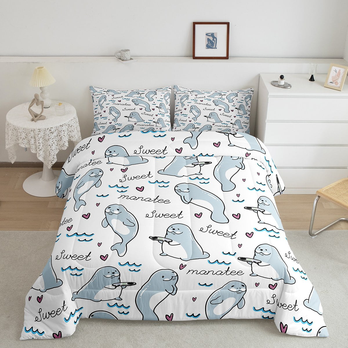 YST Cartoon Manatees Comforter Set Queen Size, Kawaii Heart Pattern ...