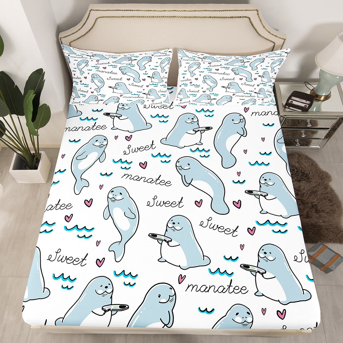 Erosebridal Cartoon Manatees Fitted Sheet Full Size, Kawaii Heart ...