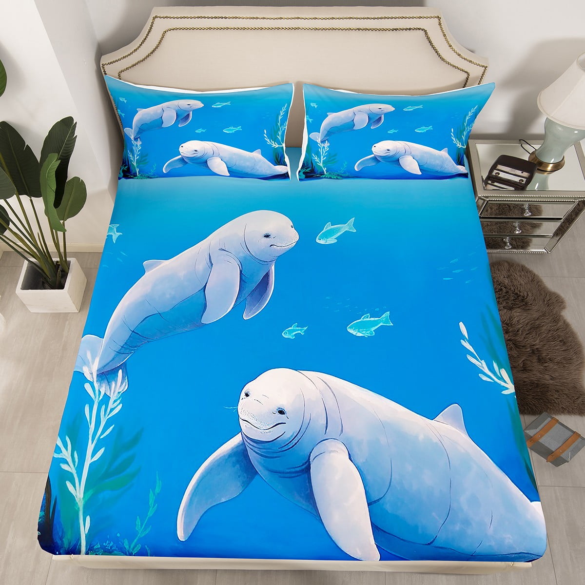 YST Cartoon Manatees Fitted Sheet Queen, Marine Animals Bed Sheets For ...