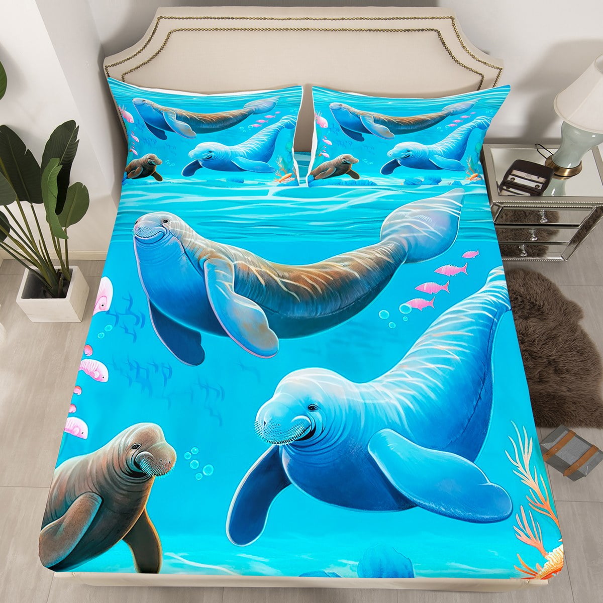 Erosebridal Cartoon Manatees Fitted Sheet Queen Size, Sea Animals Bed ...