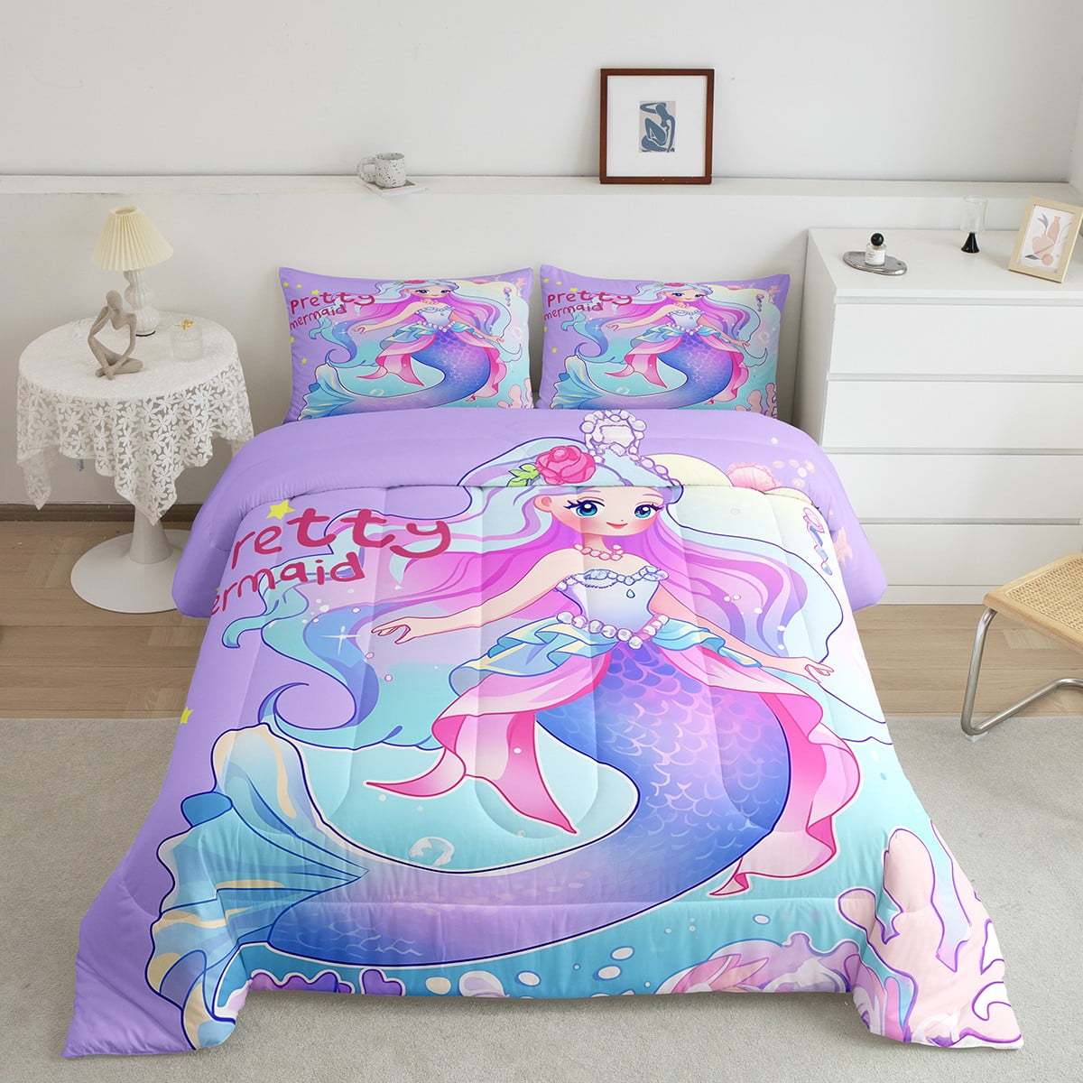 Cartoon Mermaid Princess Bedding Sets Queen Rainbow Mermaid Comforter ...