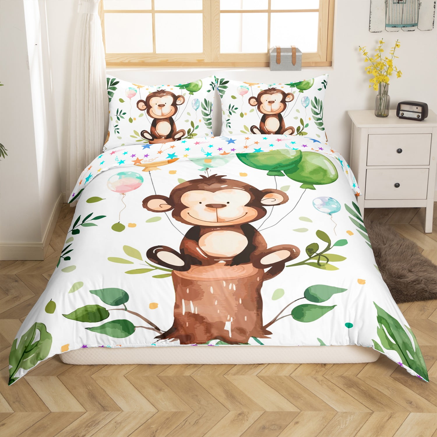 YST Cartoon Monkey Comforter Cover Cute Zoo Animal Kids Full Bedding ...