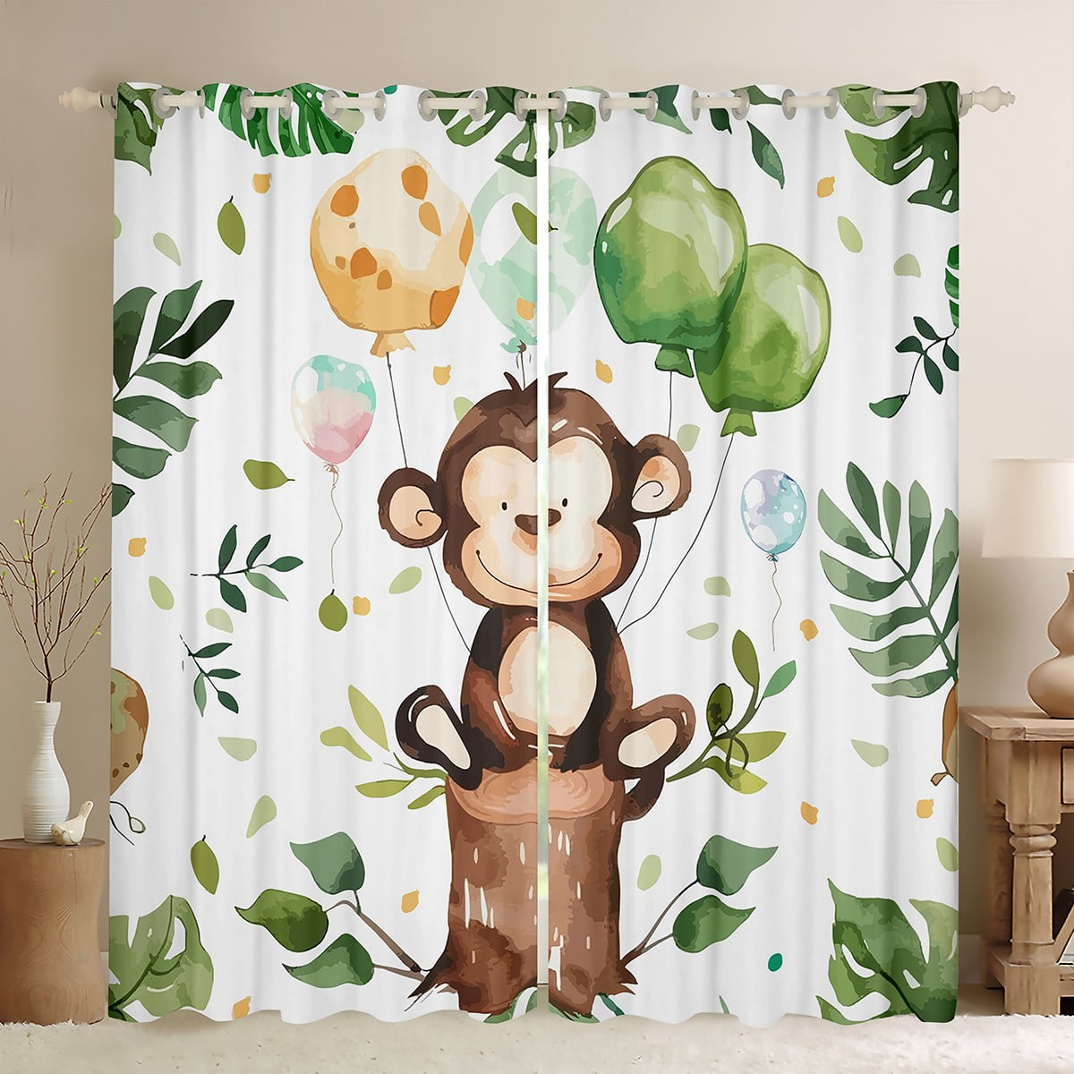 Cartoon Monkey Window Curtains Cute Zoo Animal 38"Wx45"L 30%-50% ...