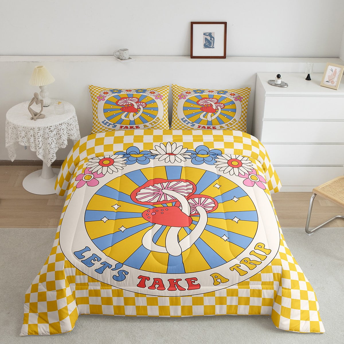 YST Cartoon Mushroom Bedding King for Kids Groovy Floral Comforter Set ...