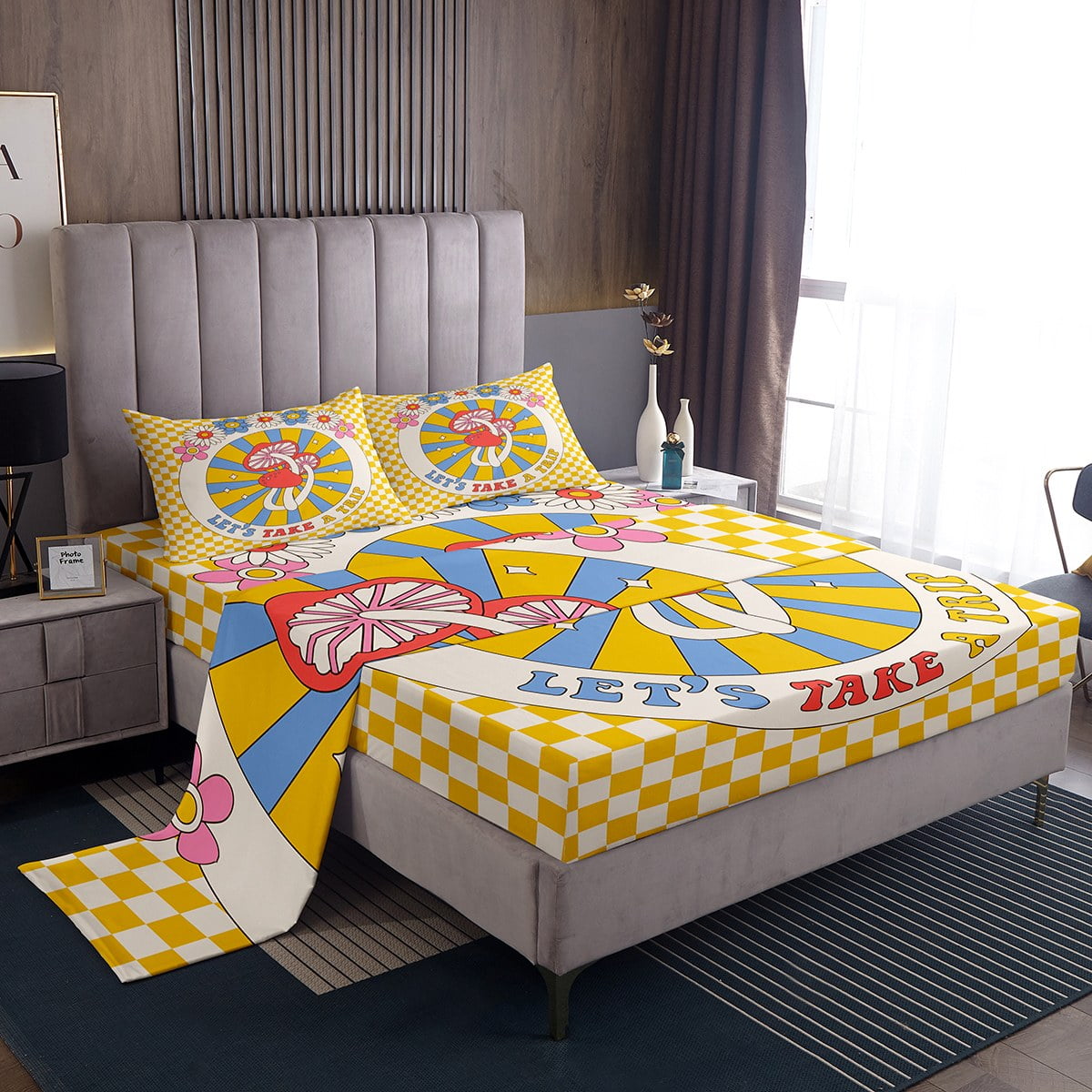 Erosebridal Cartoon Mushroom Twin Sheets Groovy Floral Bed Set, Yellow ...