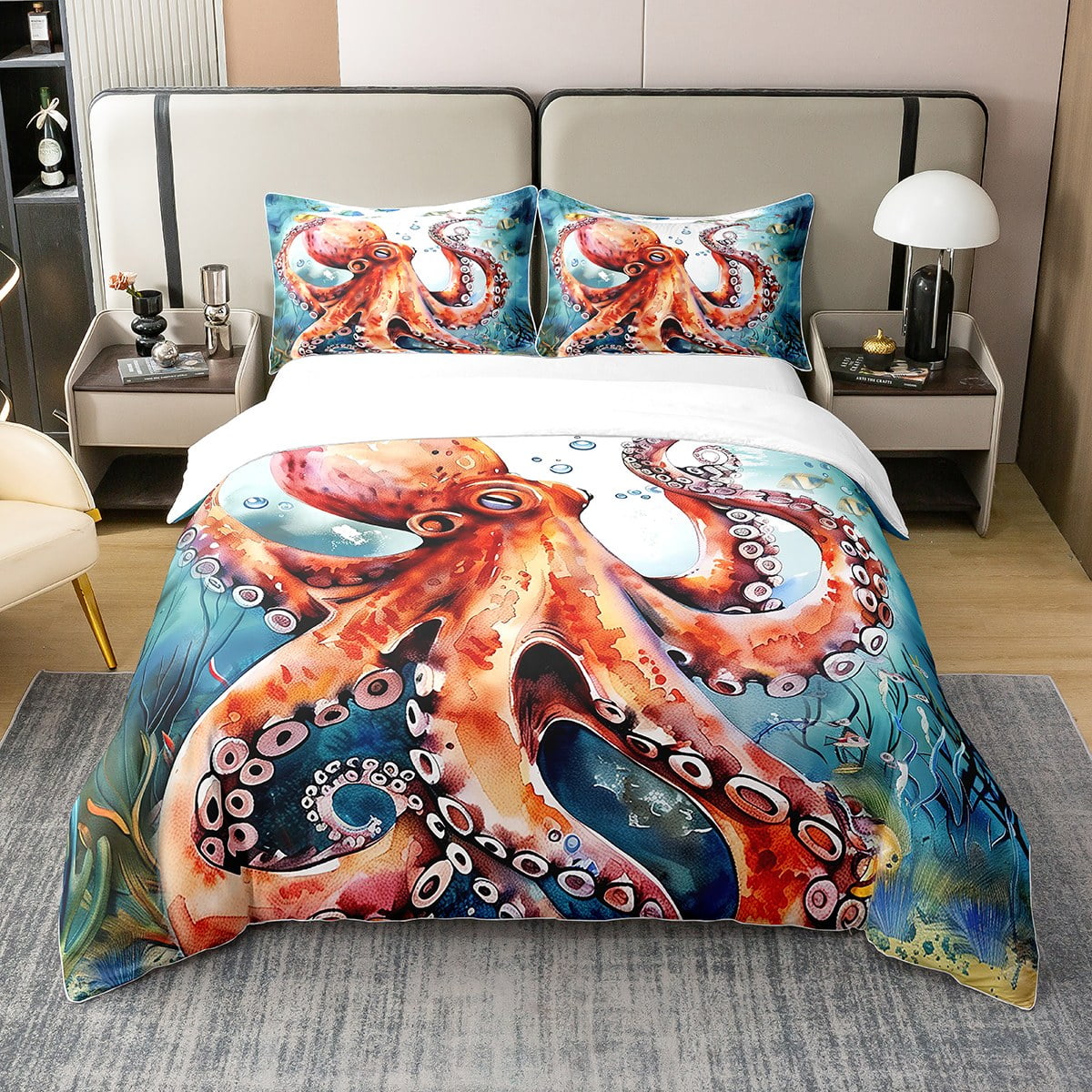 YST Cartoon Octopus 100% Natural Cotton Duvet Cover,Ocean Marine Life ...
