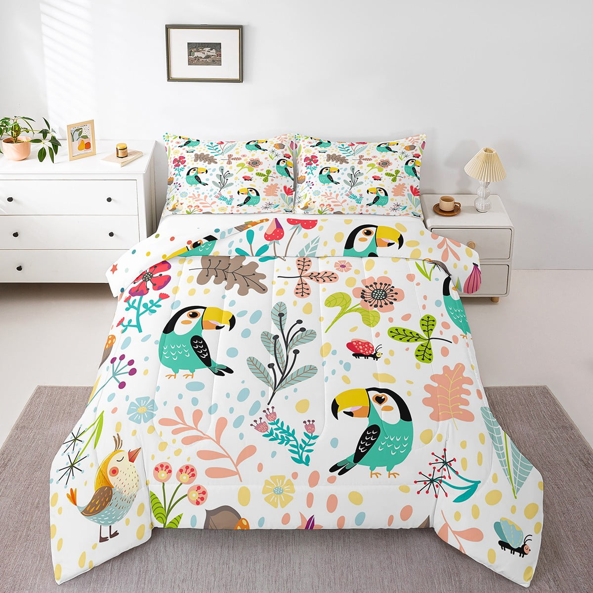 Erosebridal Cartoon Parrot Bedding Set Cute Tropical Jungle Bird ...