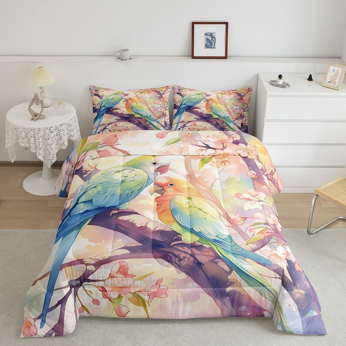 Erosebridal Cartoon Parrot Comforter Set,Spring Peach Blossom Bedding ...