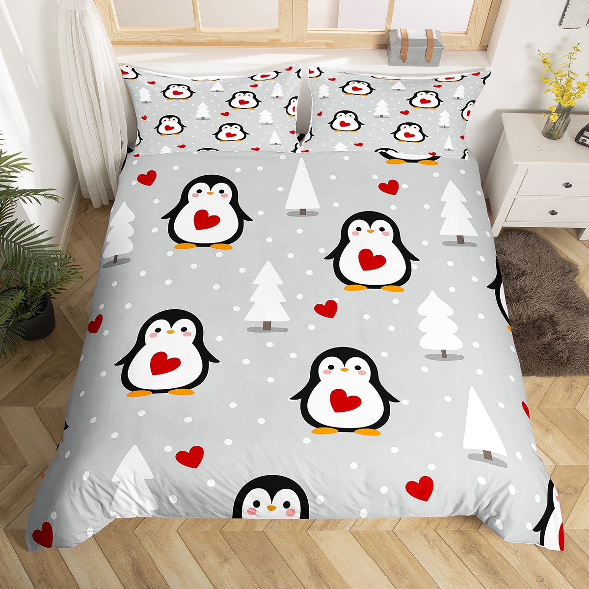 Erosebridal Cartoon Penguin Comforter Cover,Kawaii Penguin Bedding Set ...