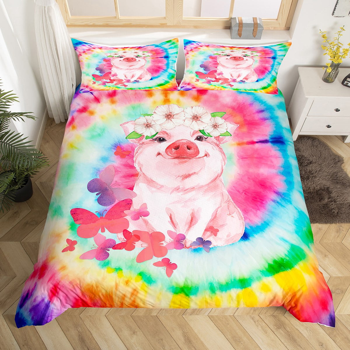 YST Cartoon Pig Bed Set Red Butterfly Duvet Cover, Bohemian Spiral ...