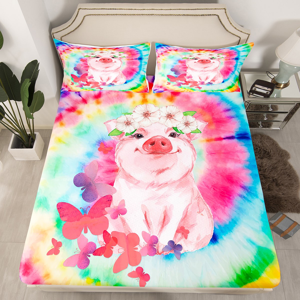 YST Cartoon Pig Bed Sheets Red Butterfly Fitted Sheet Queen Size ...