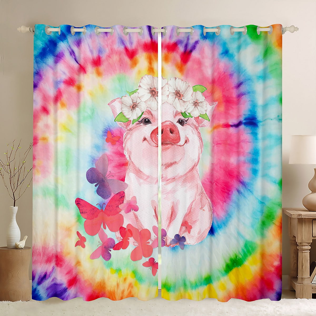 YST Cartoon Pig Blackout Curtains Red Butterfly Curtains, Bohemian ...