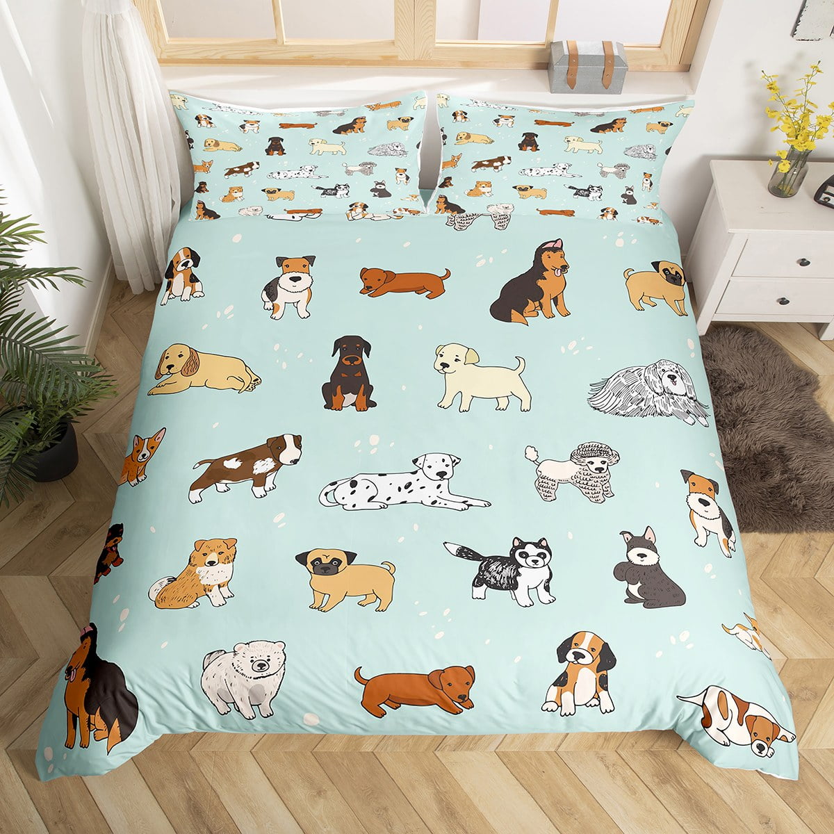 YST Cartoon Pug Corgi Bedding Sets Queen Kawaii Animals Comforter Cover ...